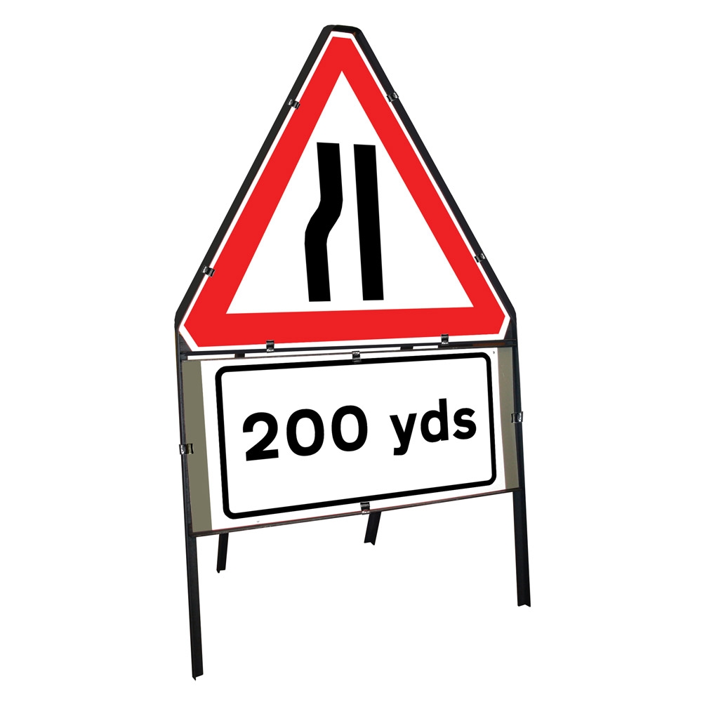 Road Narrows Nearside Clipped Triangular Metal Road Sign with 200 Yards ...